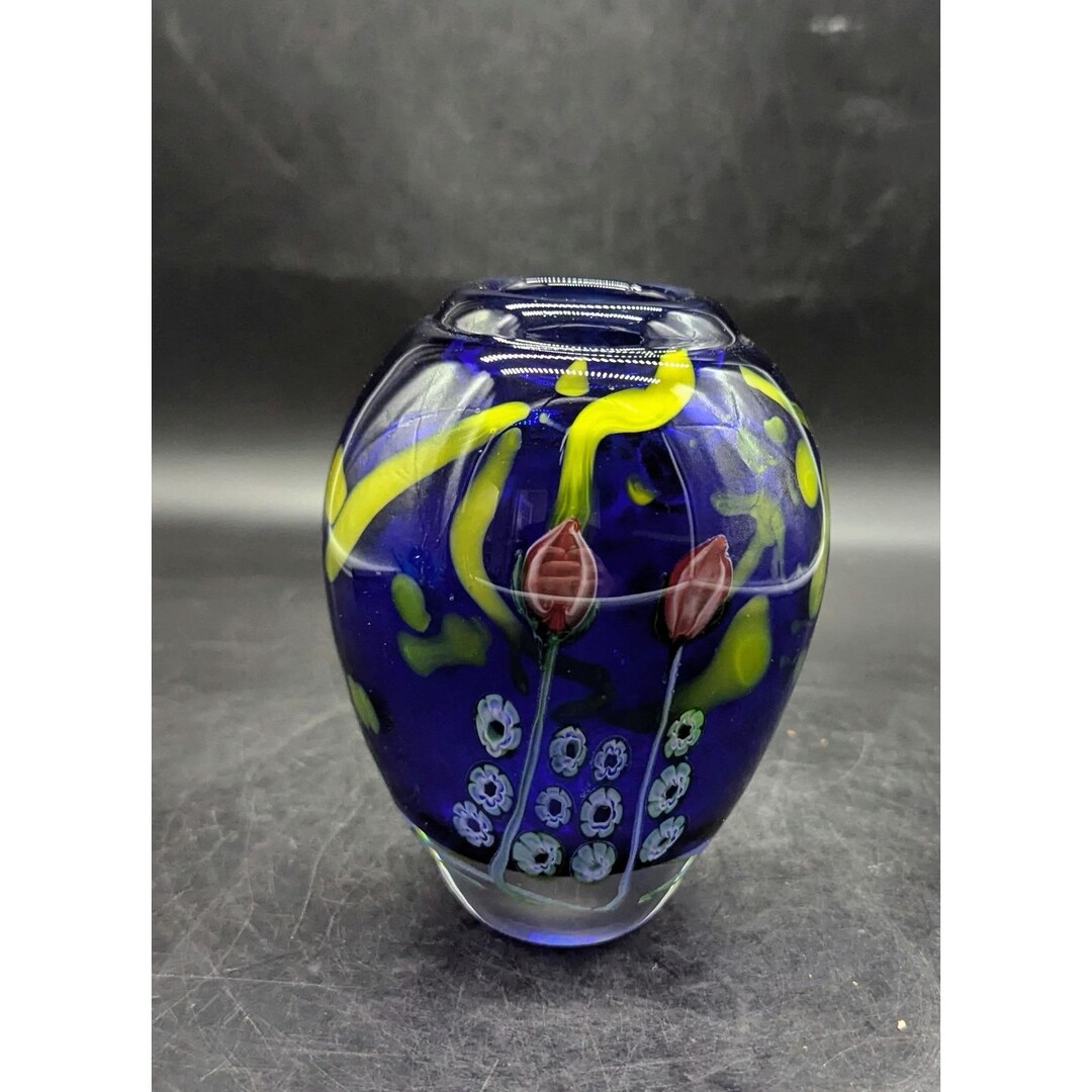 Vintage Kusak Glassworks Handblown Art Glass Vase Cobalt Blue Floral ...