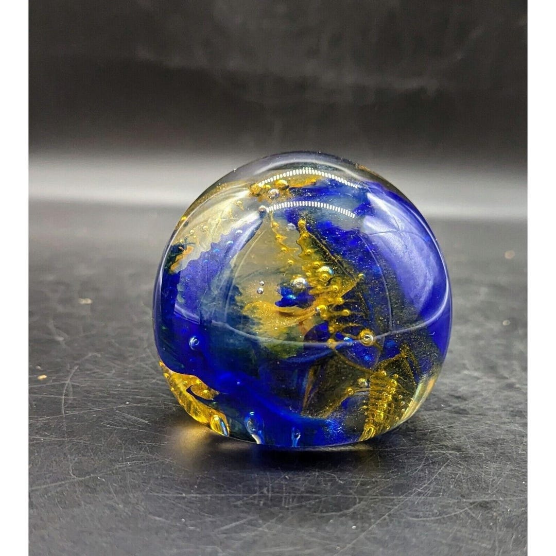 FELLERMAN & RAABE Signed Studio Art Glass Paperweight Blue Orange 3" - Etsy