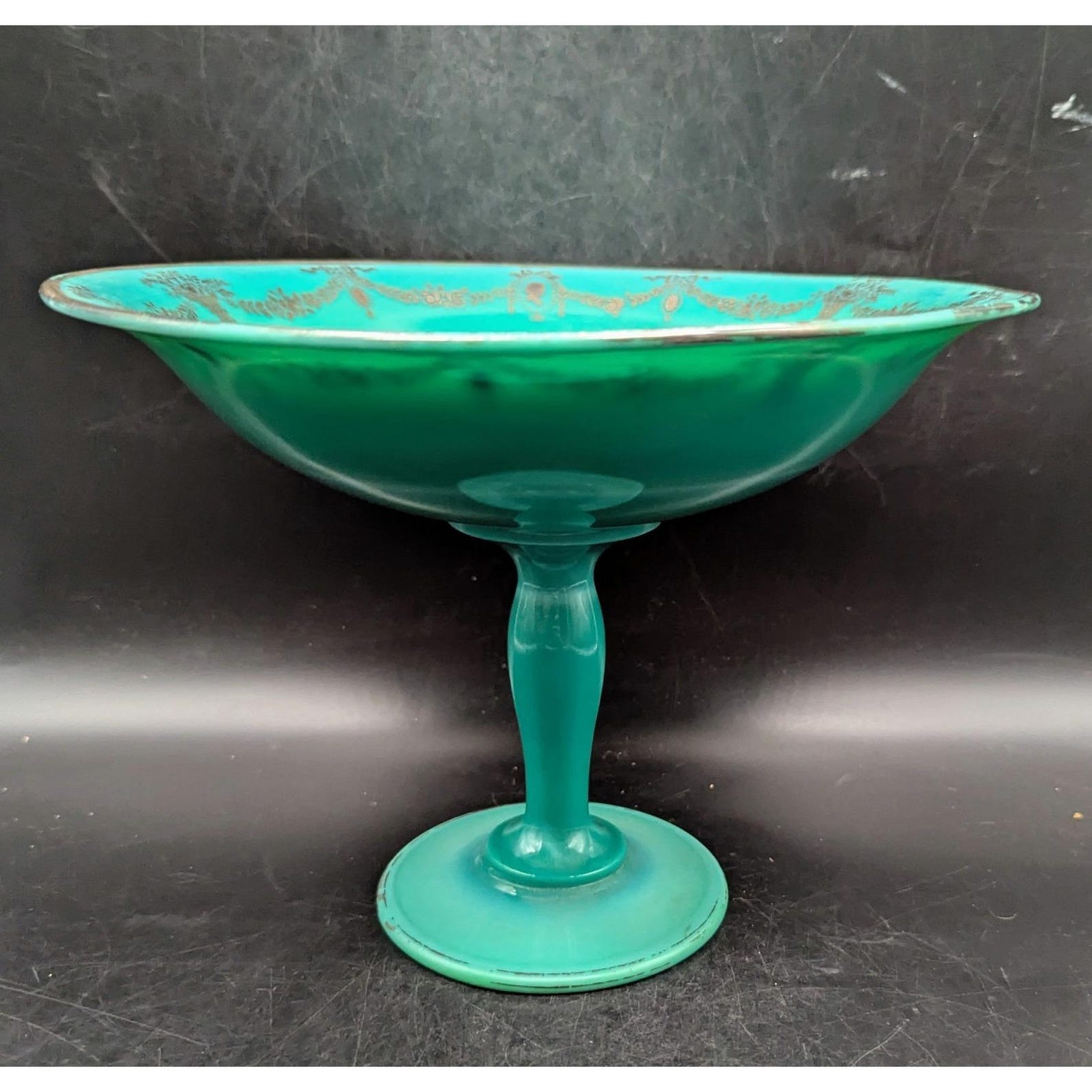 Vintage Art Deco Cambridge Glass Jade Compote Silver Overlay UV Glow 8 ...