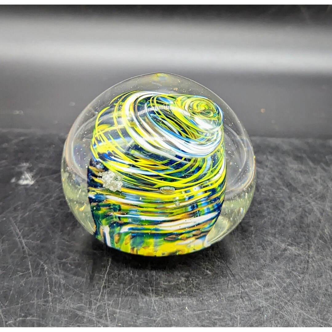 Hand Blown Art Glass Round Paperweight Yellow Blue Swirl 3" Clear - Etsy