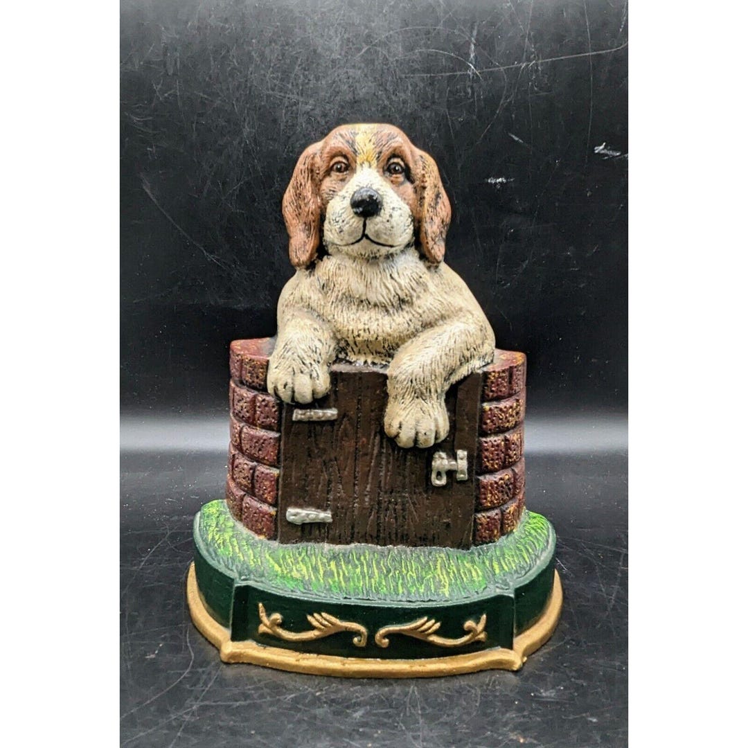 Vintage Whimsical Painted Cast Iron Beagle Puppy on Gate Doorstop 9.5 ...