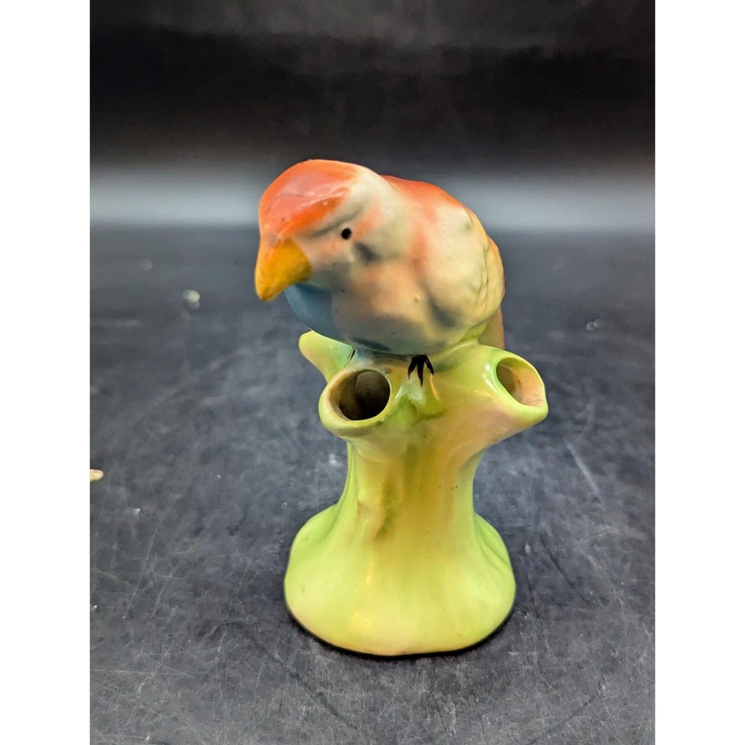 Vintage Czech 3 Hole Spill Bud Flower Frog Bird Parrot Vase Red Dime ...