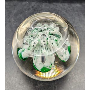 Vintage Joe Zimmerman Art Glass Paperweight Green White Flower ...