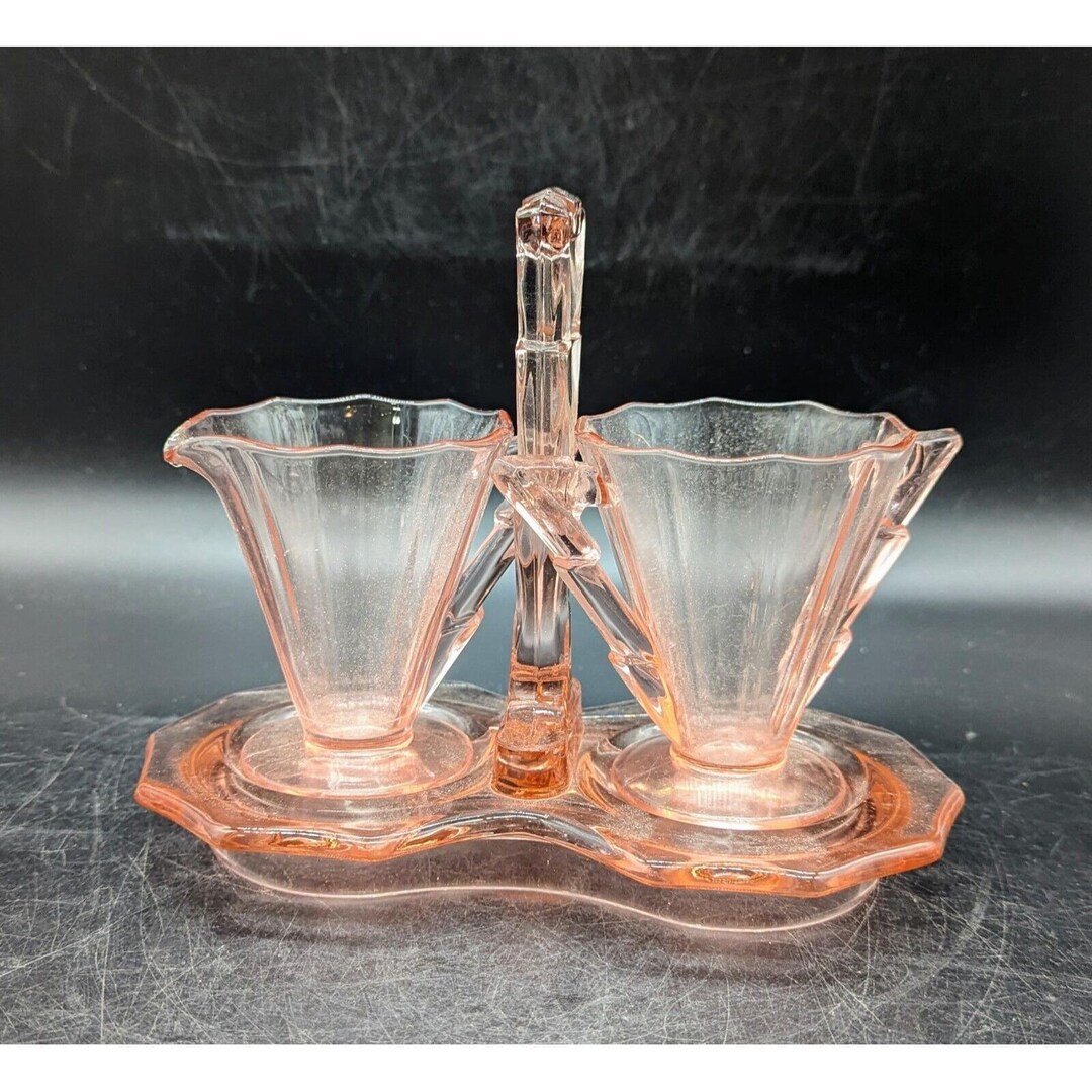 Cambridge Decagon Pink Depression Glass Creamer and Sugar With Stand ...