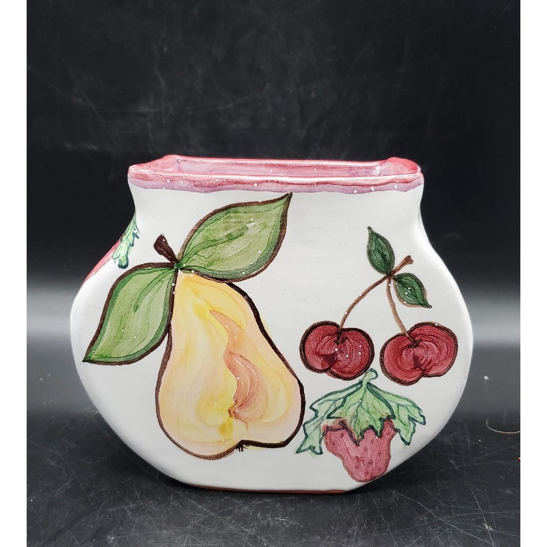 Handmade Art Pottery Redware Vase Fruit Strawberry Cherry Pear 5 ...