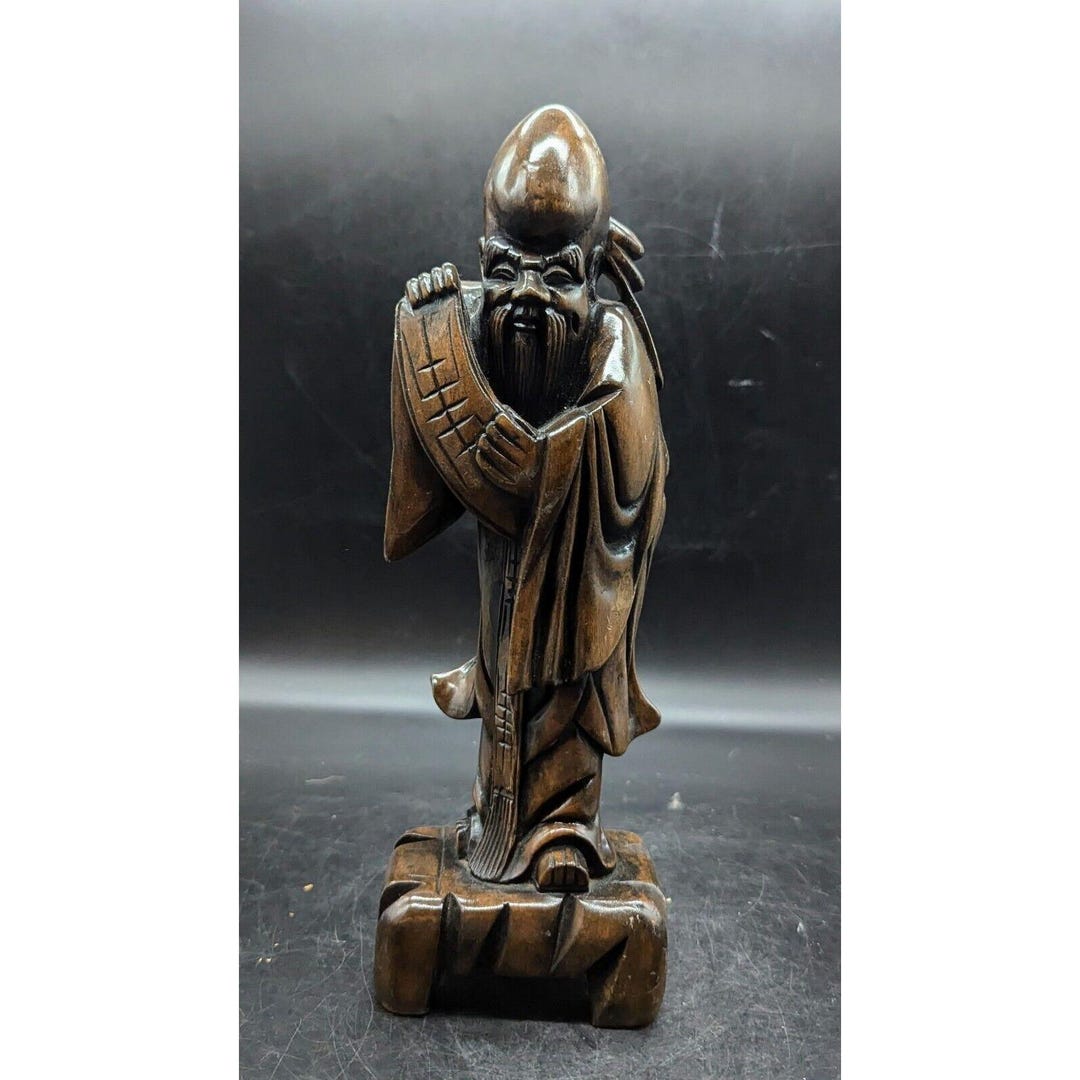 Vintage Wood Wooden Hand Carved Chinese Wise Man W Scroll 12 ...