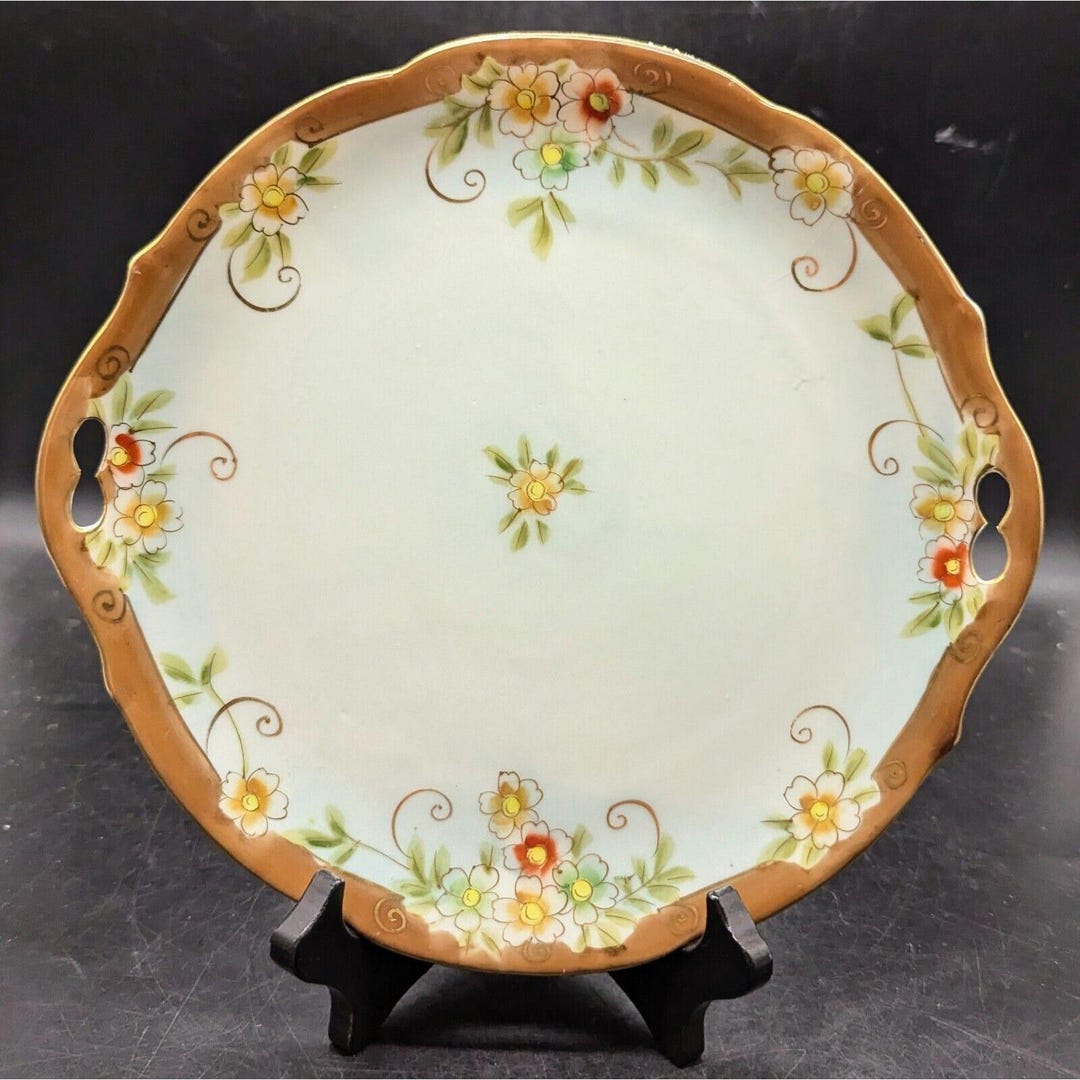 Antique Hand Painted Nippon 10" Handled Cake Plate Floral Flower Japan ...