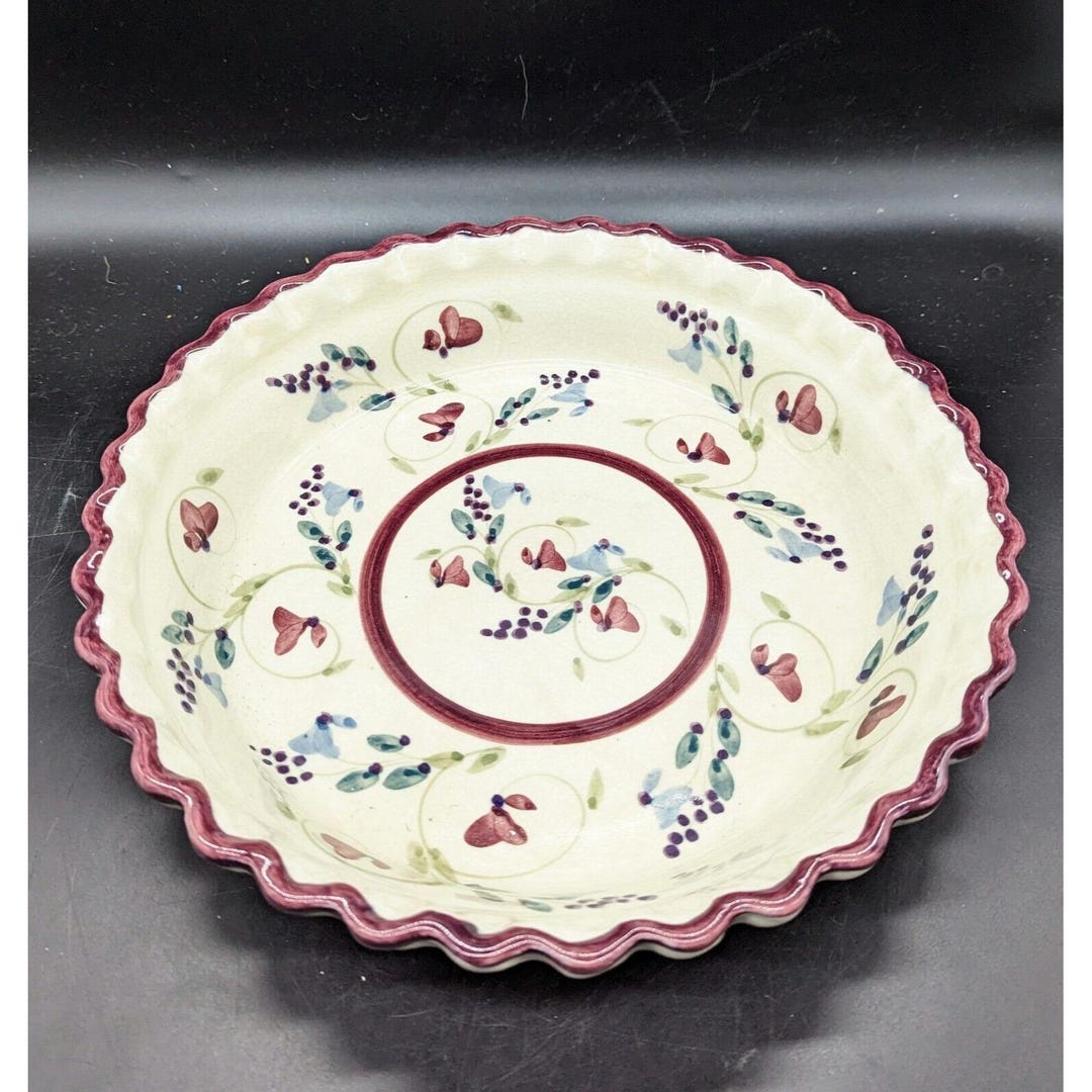 Handmade Art Pottery Ceramic Pie Plate Flower Floral 12" Signed - Etsy
