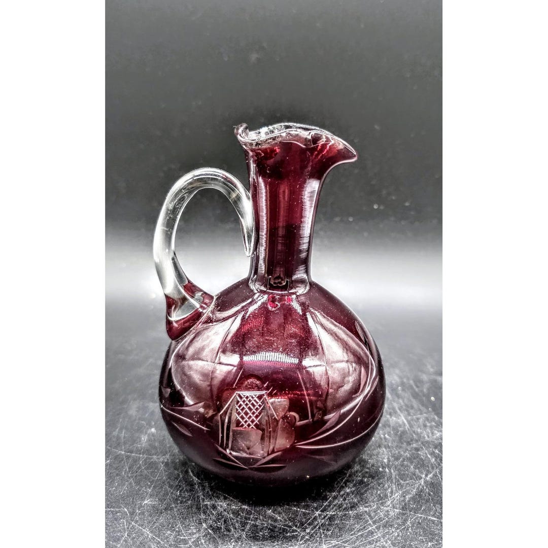 Vintage Cranberry Red Glass Cut to Clear Flower Rose Cruet Mini Litcher ...