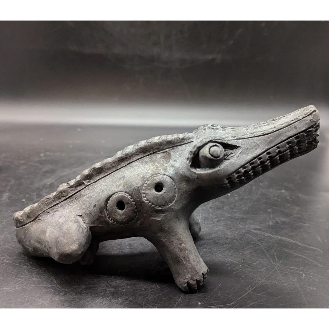 Old Effigy Figural Crocodile Rhino Alligator Clay Ocarina Flute Whistle ...