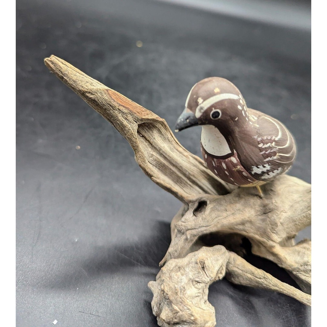 Vintage Hand Carved Wood Wooden Quail Bird Figurine Driftwood Base 4"x6 ...