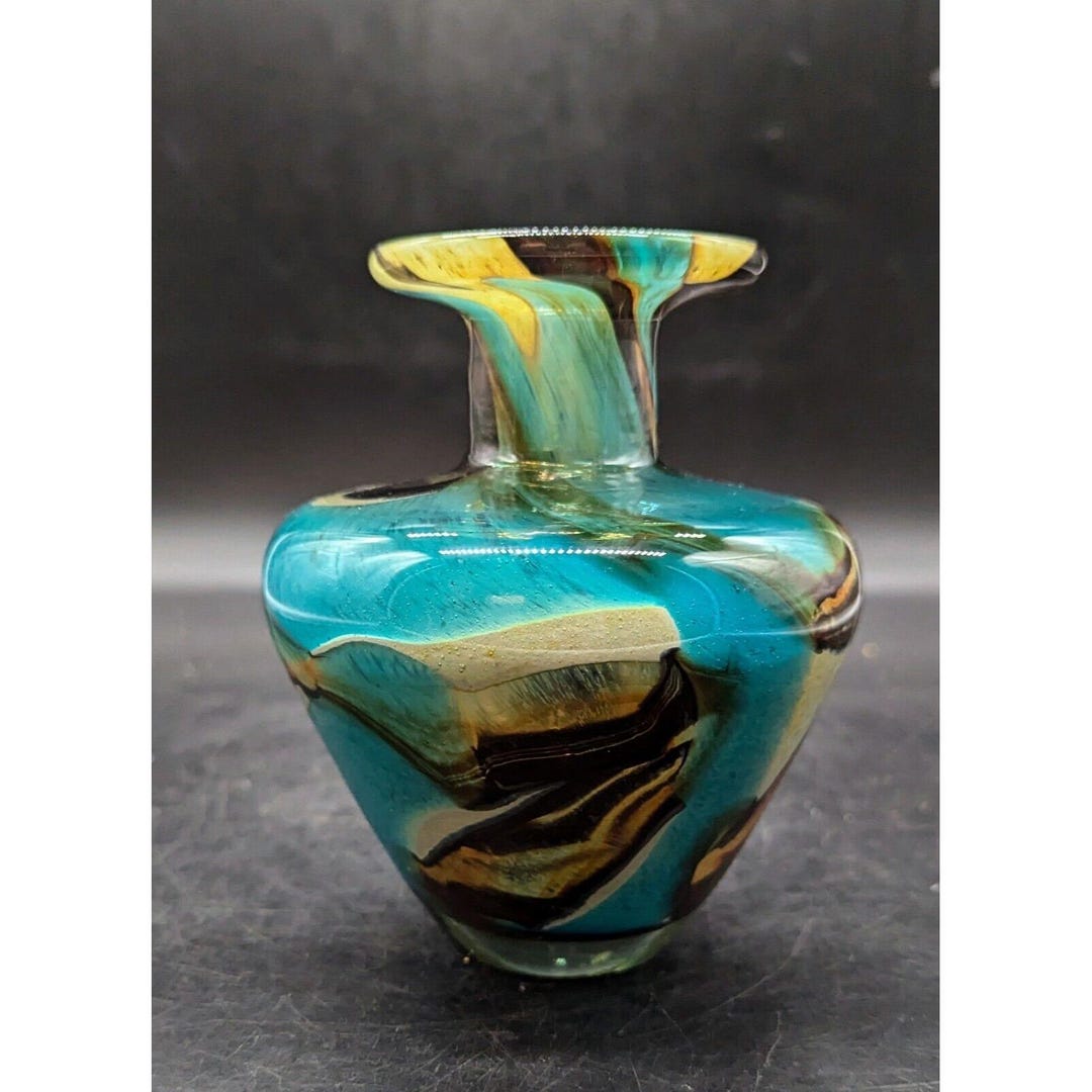 Vintage MDINA Art Glass Tiger Maltese Signed VASE 1970 5" Blue Beige ...
