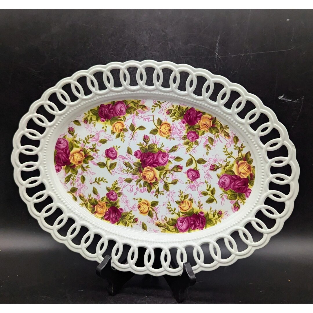 Vintage Royal Albert Old Country Roses Pierced Oval Platter Lattice ...