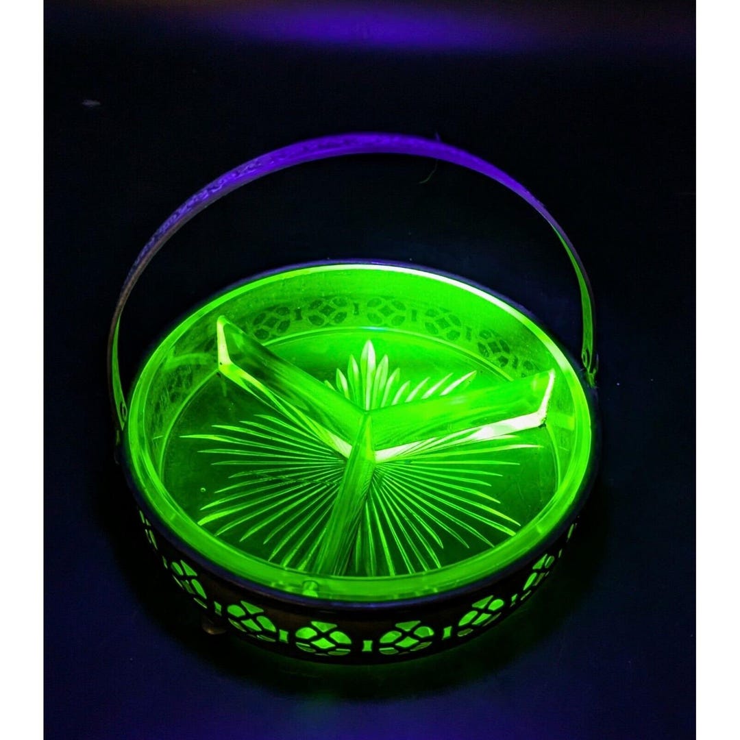 Vintage Jeanette Glass Chrome & Vaseline Glass Divided Relish Tray UV ...