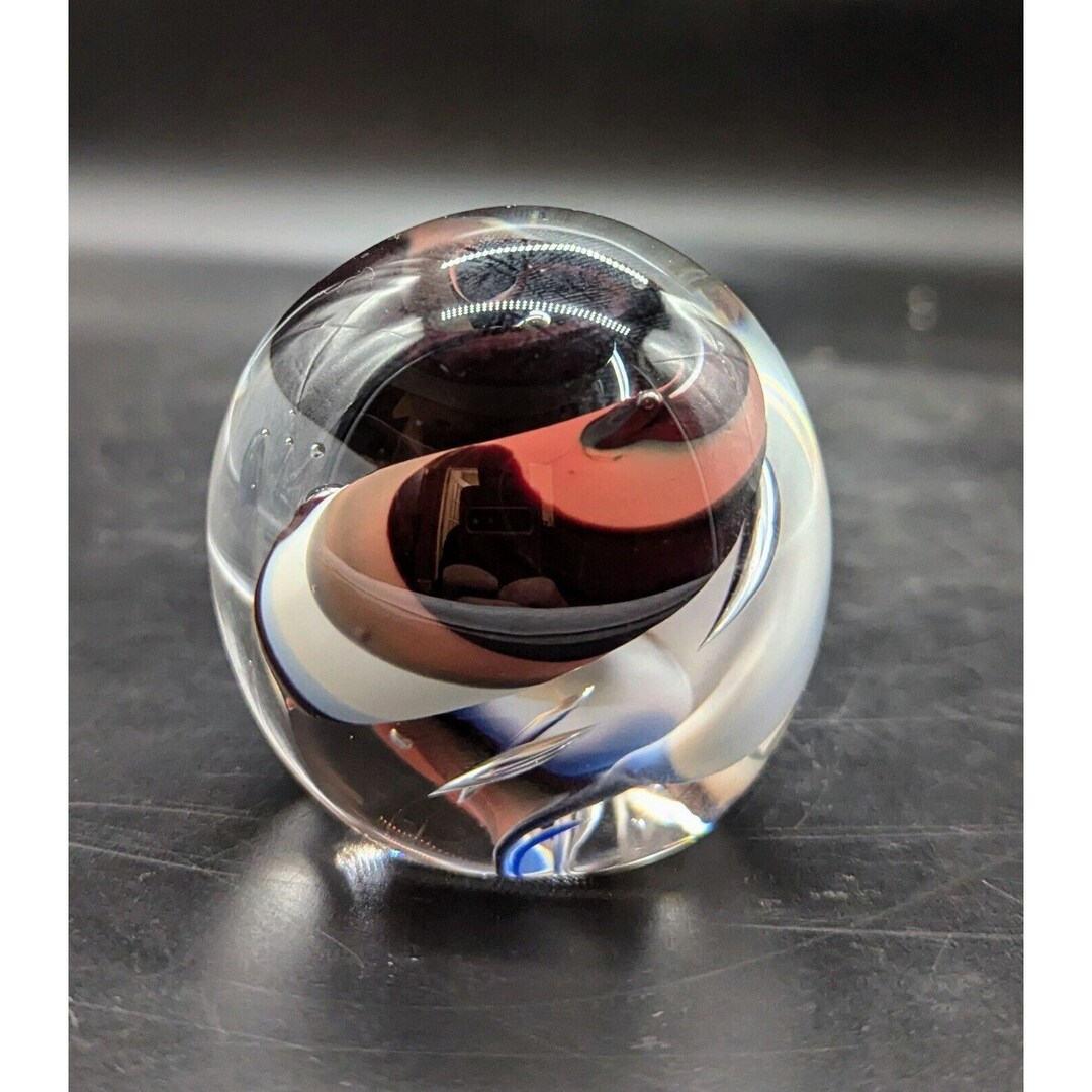 Vintage KARG ART GLASS Glassworks Round Paperweight Brown Swirl Signed ...