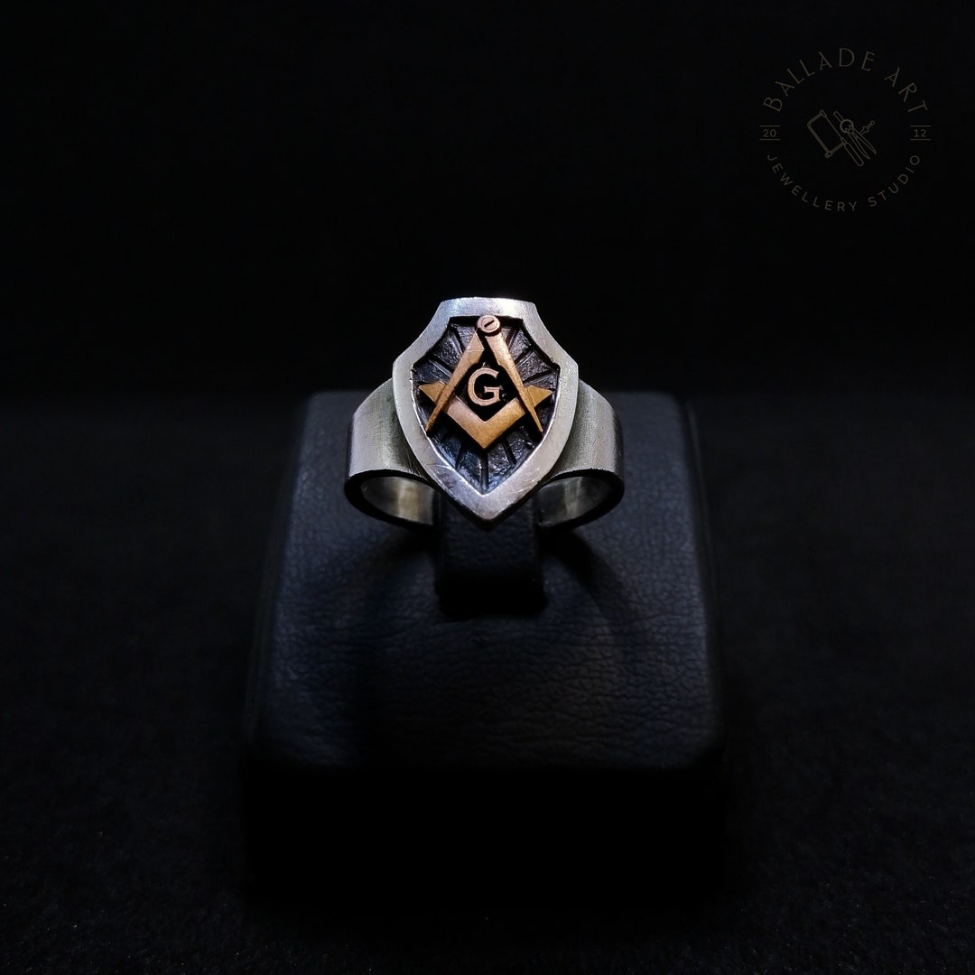925 Silver and Bronze Square and Compass Masonic Shield Ring Handmade ...