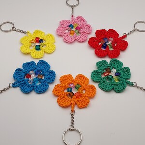 Handmade Flower Keychain With Beaded Center - Crochet Floral Key Holder ...
