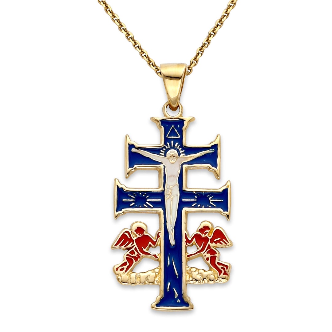 Caravaca Cross With Angels Pendant Necklace in Solid 14k Gold, Blue and ...
