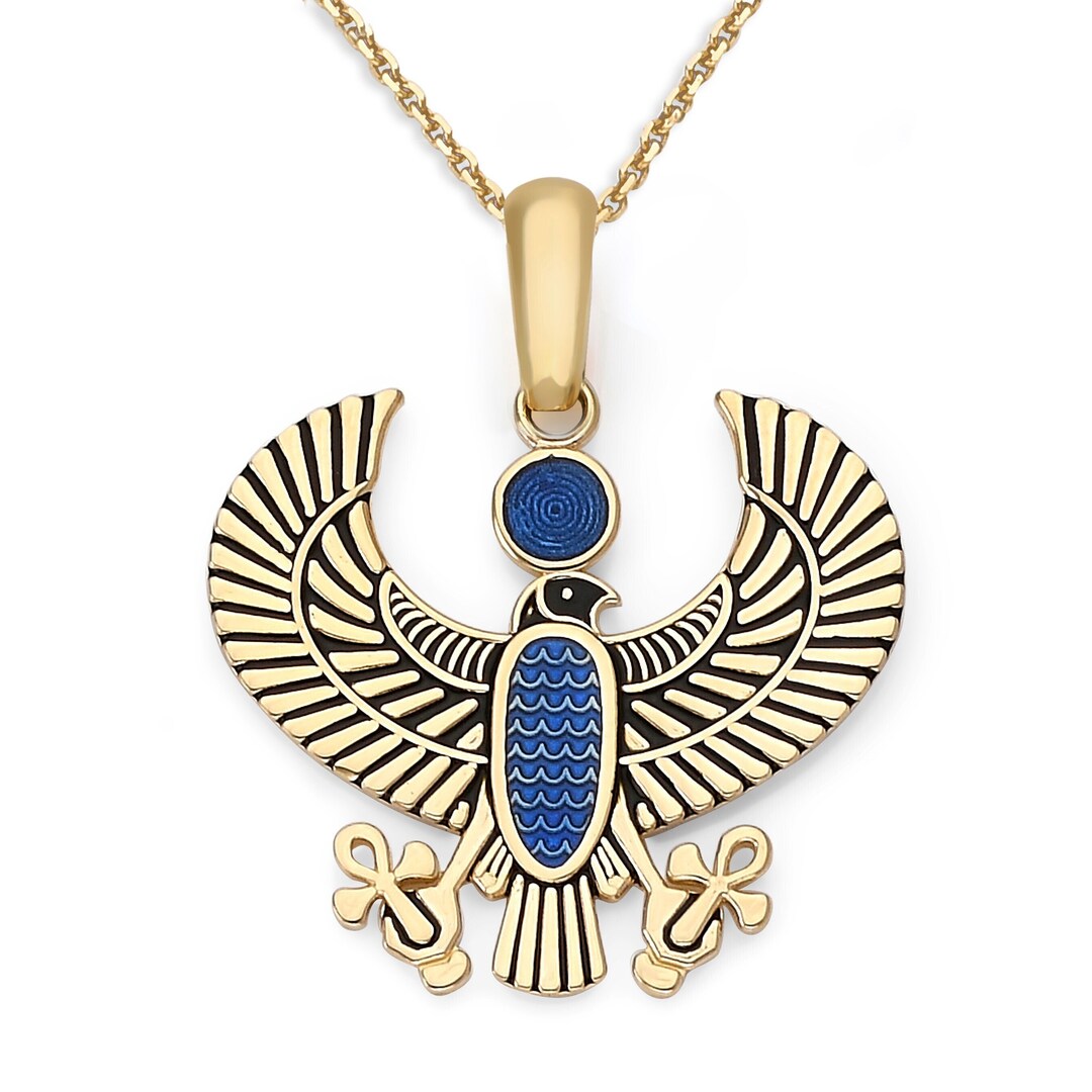 Egyptian Falcon in Solid 14k Gold With Blue and Black Enamel, Horus ...