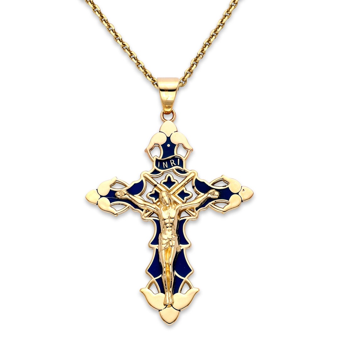 INRI Cross Pendant in Solid 14k Gold, Blue Enamel, Made in America - Etsy