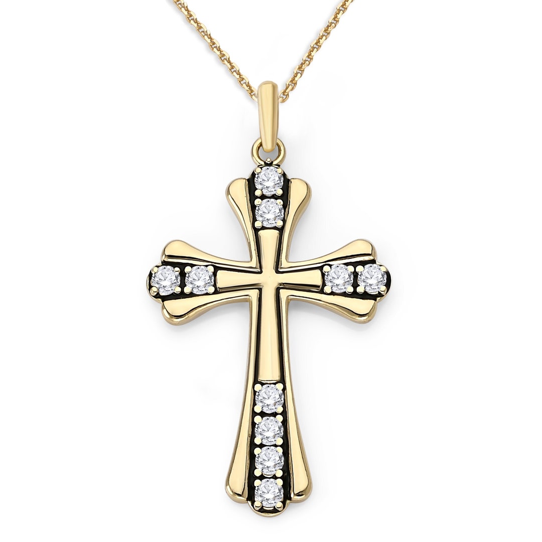 Diamond Studded Cross Pendant Necklace in Solid 14k Gold With Black ...