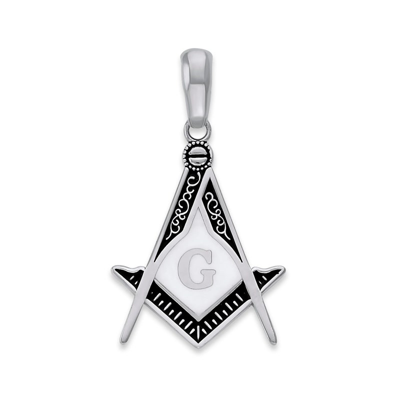 Masonic Square and Compass Pendant in Sterling Silver, Black and White ...