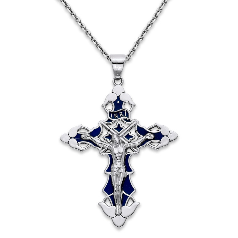 INRI Cross Pendant in Solid 14k Gold, Blue Enamel, Made in America - Etsy