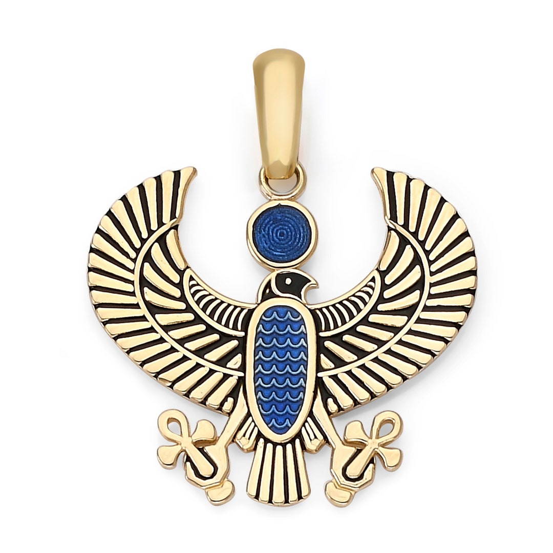 Egyptian Falcon in Solid 14k Gold With Blue and Black Enamel, Horus ...