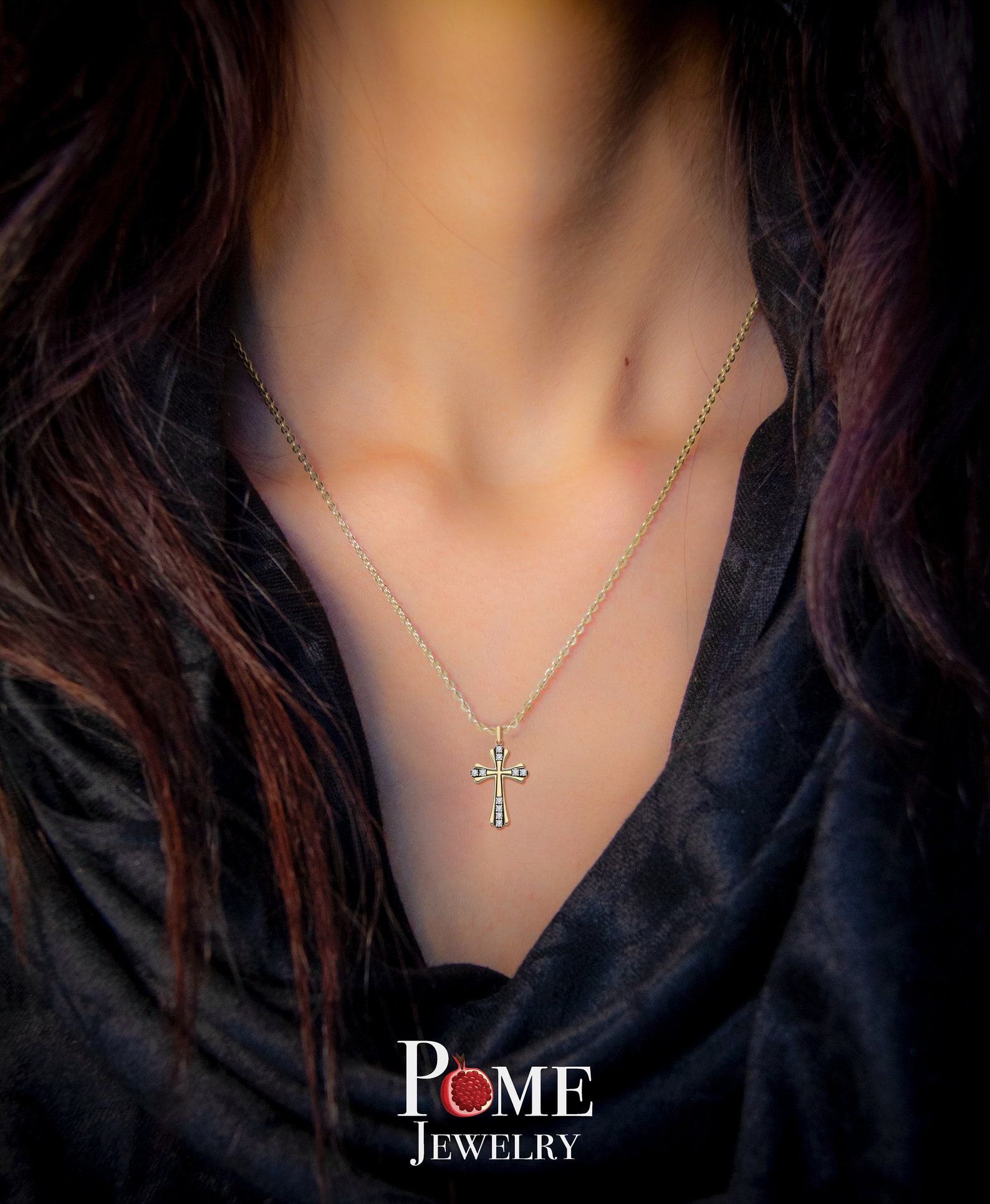 Diamond Studded Cross Pendant Necklace in Solid 14k Gold With Black ...