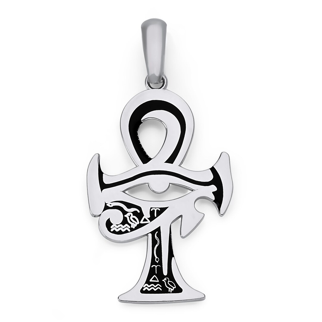 Eye of Horus Ankh Cross Pendant in Sterling Silver With Black Enamel ...