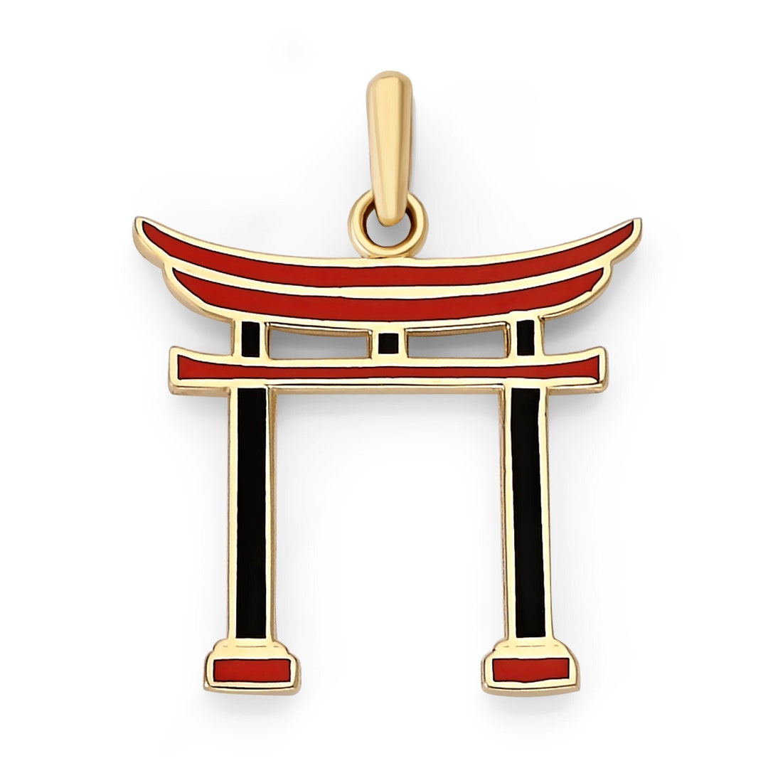 Japanese Torii Gate Necklace in Solid 14k Gold With Black and Red ...