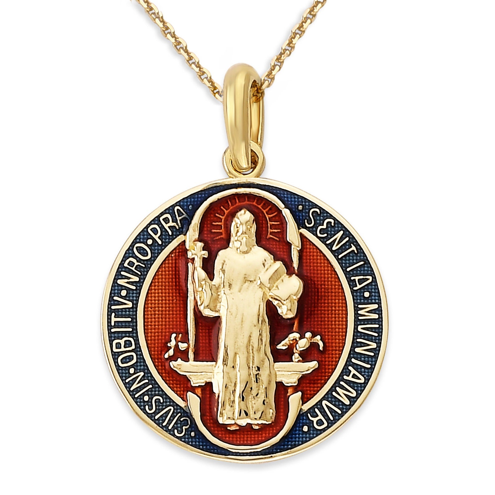 Saint Benedict Coin Necklace in Solid 14k Gold, Blue and Red Enamel ...