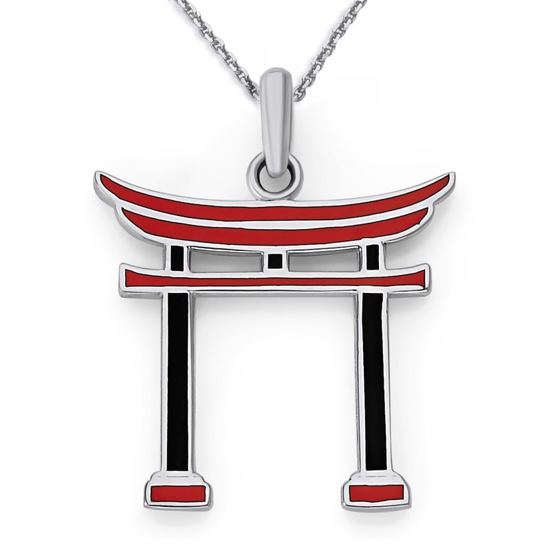 Japanese Torii Gate Necklace in Solid 14k Gold With Black and Red ...