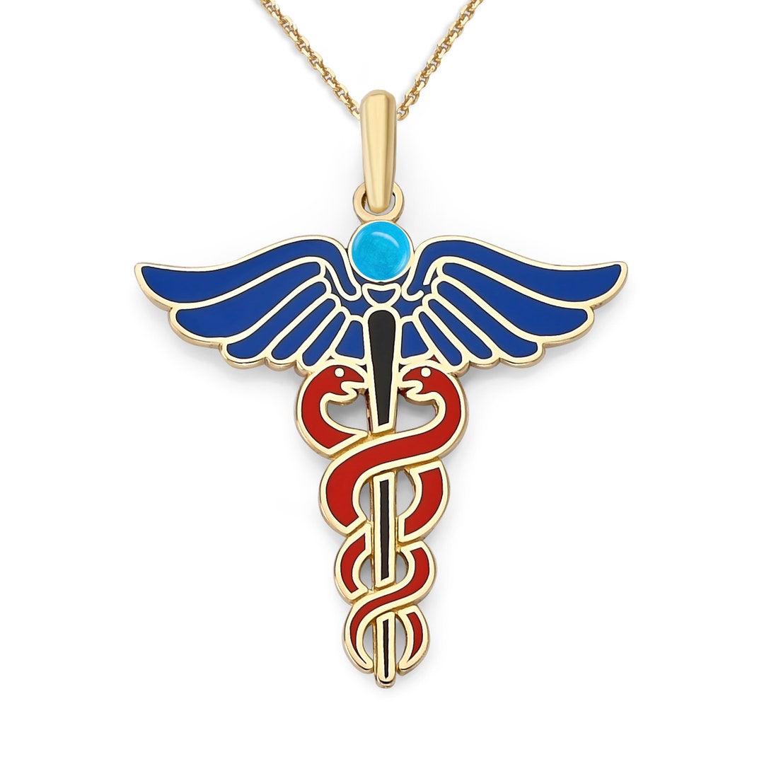 Caduceus Necklace With Turquoise Stone in Solid 14k Gold - Etsy