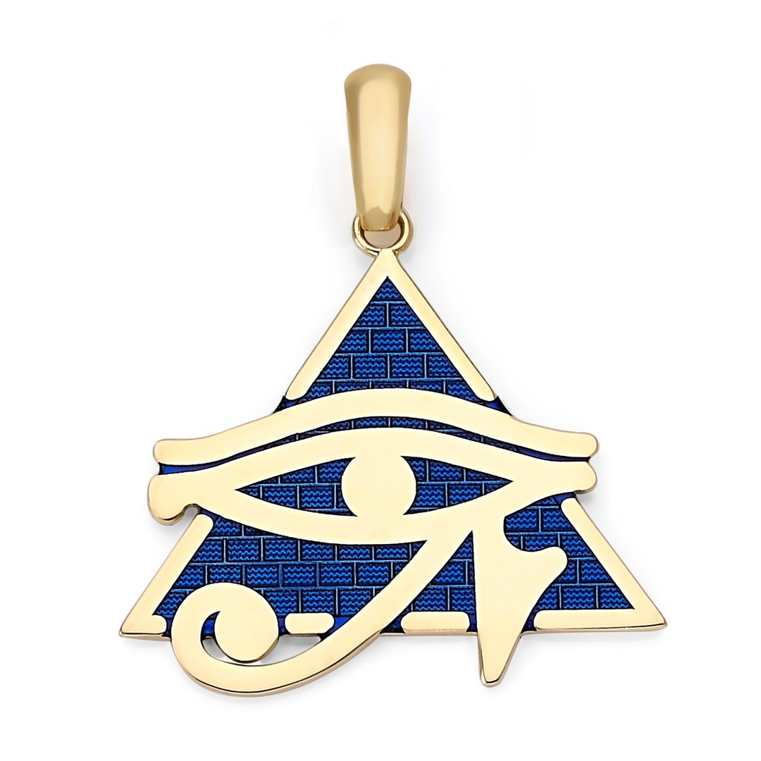 Eye of Horus Pyramid Pendant in Solid 14k Gold With Blue Enamel ...