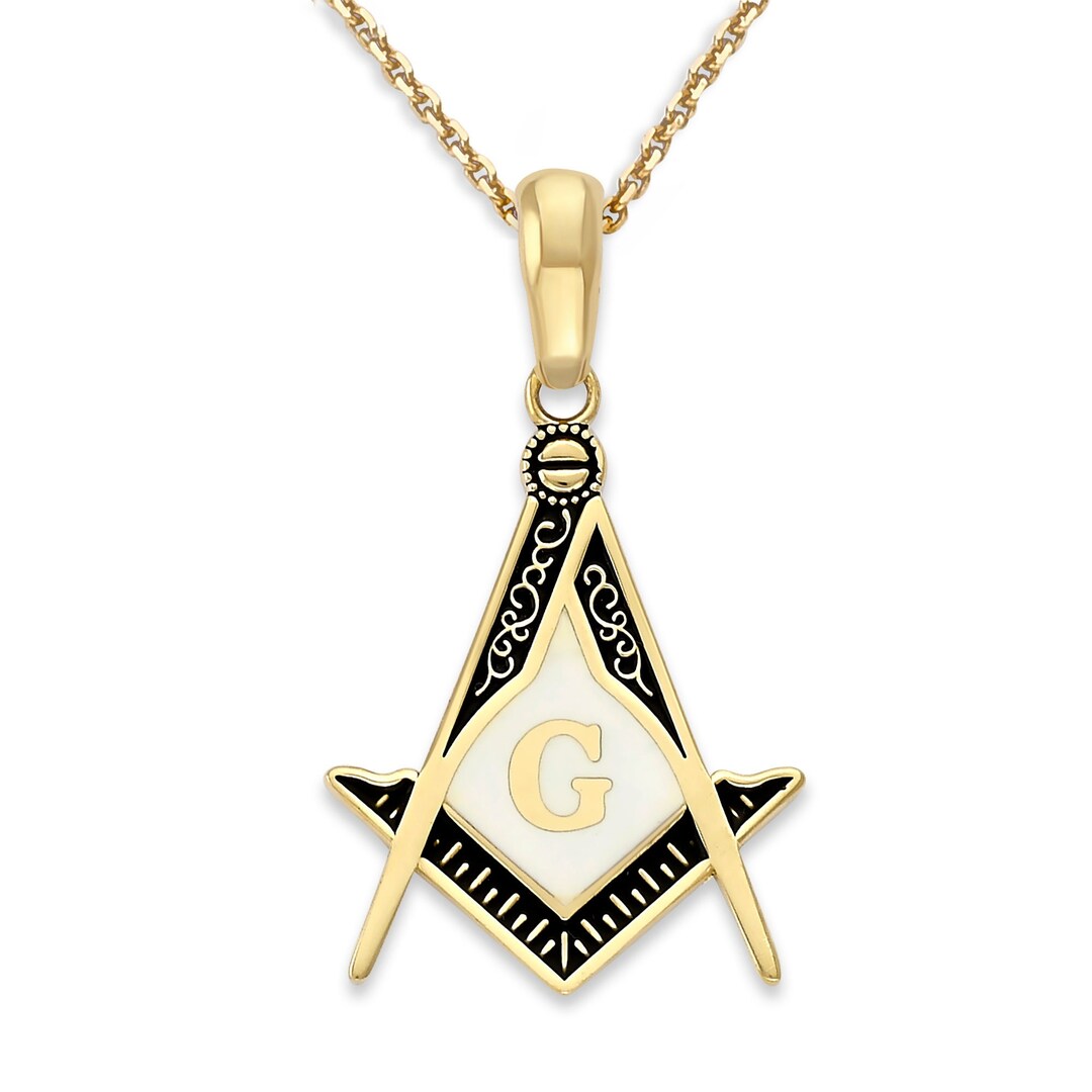 Masonic Square and Compass Necklace in Solid 14k Gold, Black and White ...
