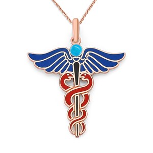 Caduceus Necklace With Turquoise Stone in Solid 14k Gold - Etsy