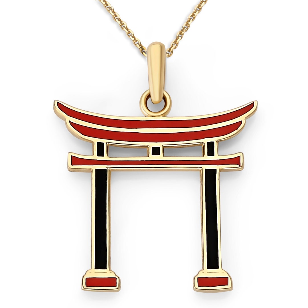 Japanese Torii Gate Necklace in Solid 14k Gold With Black and Red ...