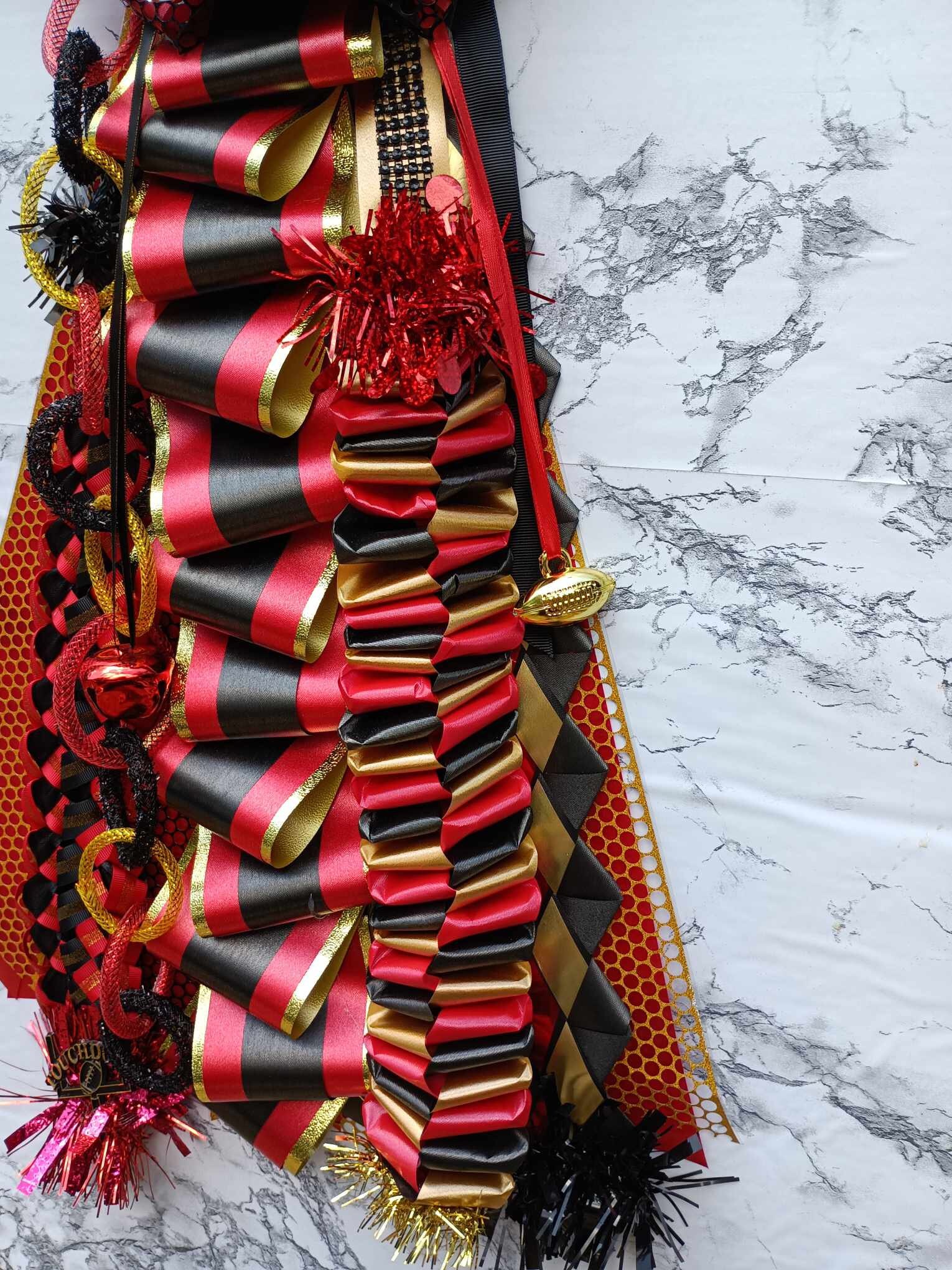 Pre-made Homecoming Mum, Garter, Red, Black, Gold Homecoming Ribbon Pin ...