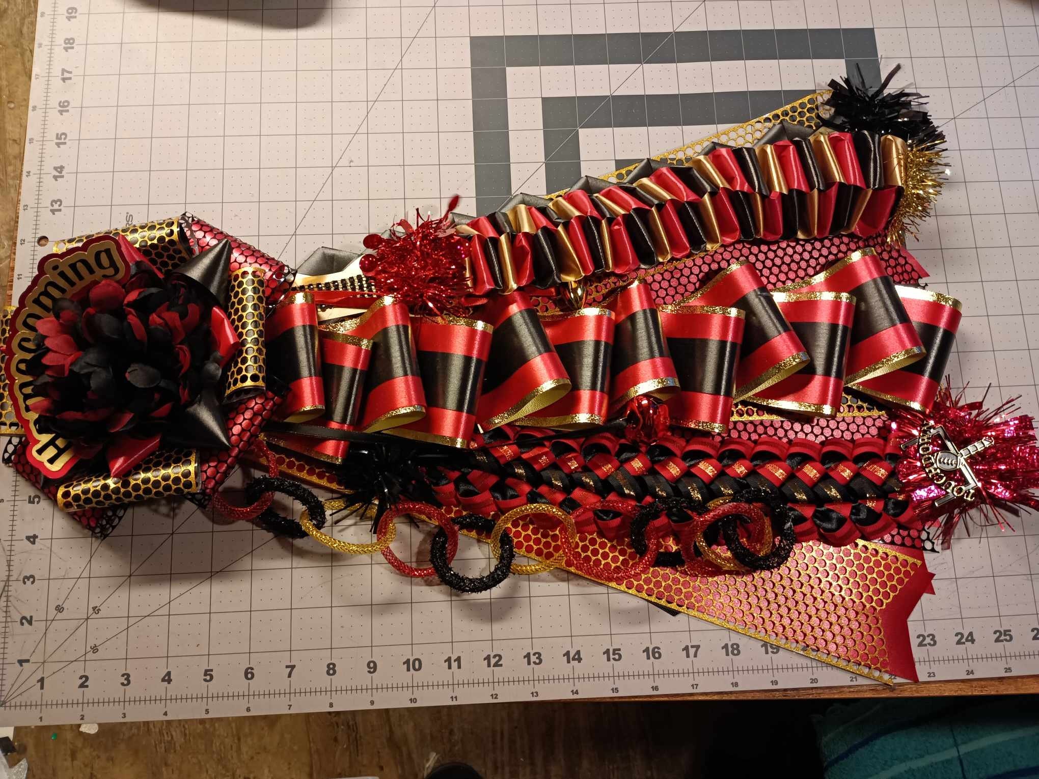 Pre-made Homecoming Mum, Garter, Red, Black, Gold Homecoming Ribbon Pin ...