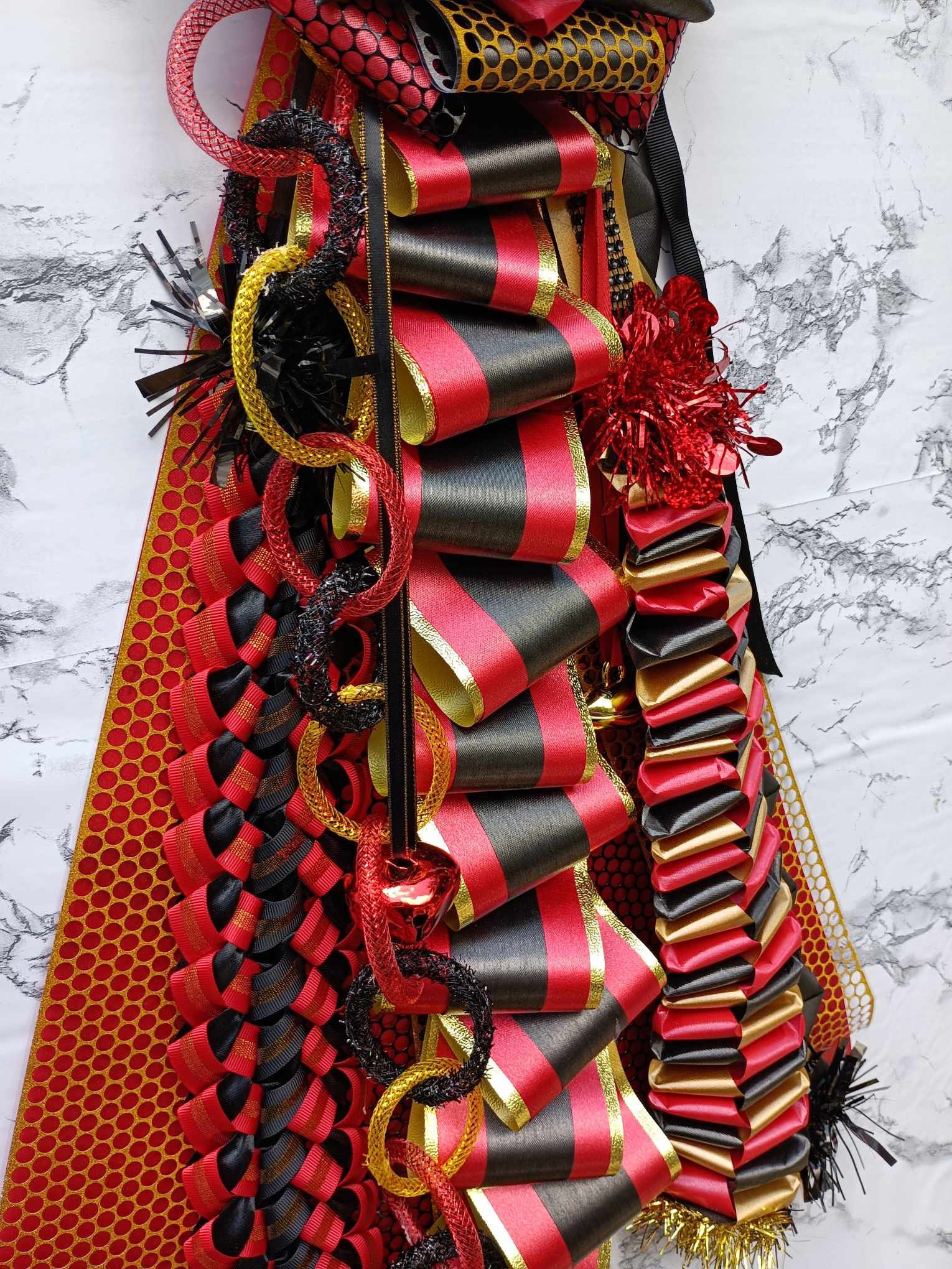 Pre-made Homecoming Mum, Garter, Red, Black, Gold Homecoming Ribbon Pin ...