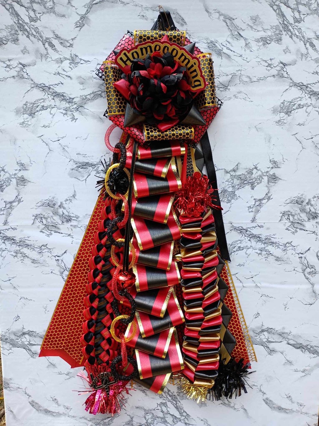 Pre-made Homecoming Mum, Garter, Red, Black, Gold Homecoming Ribbon Pin ...