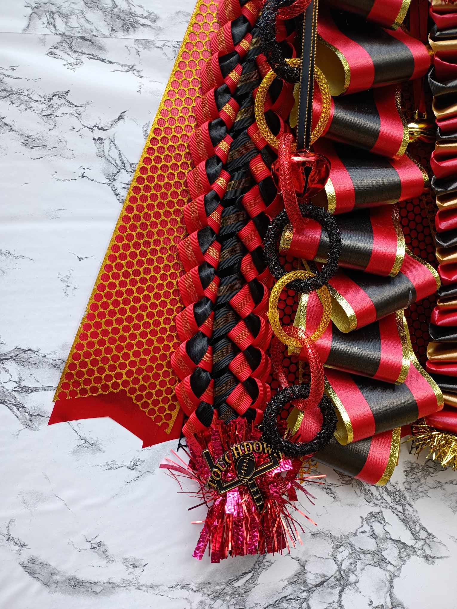 Pre-made Homecoming Mum, Garter, Red, Black, Gold Homecoming Ribbon Pin ...