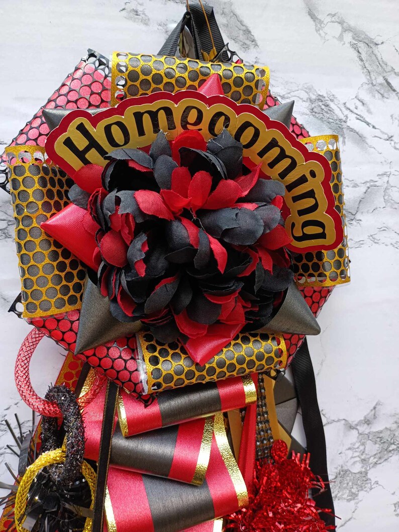 Pre-made Homecoming Mum, Garter, Red, Black, Gold Homecoming Ribbon Pin ...