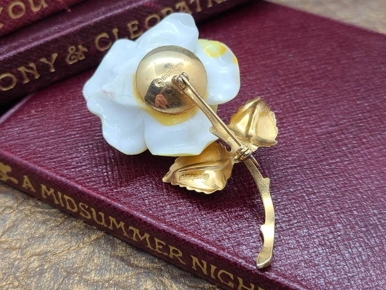 Vintage GIOVANNI Yellow Porcelain Rose Gold-tone Long-stem Brooch Pin 3 ...