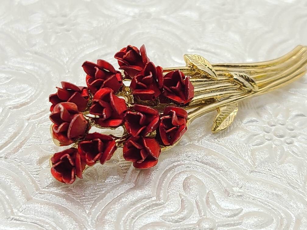 Vintage RED Rose Long Stem Enamel Bouquet Brooch Pin Gold-tone Signed ...