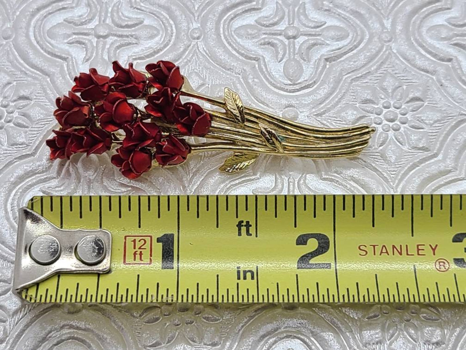 Vintage RED Rose Long Stem Enamel Bouquet Brooch Pin Gold-tone Signed ...