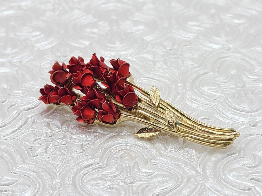 Vintage RED Rose Long Stem Enamel Bouquet Brooch Pin Gold-tone Signed ...