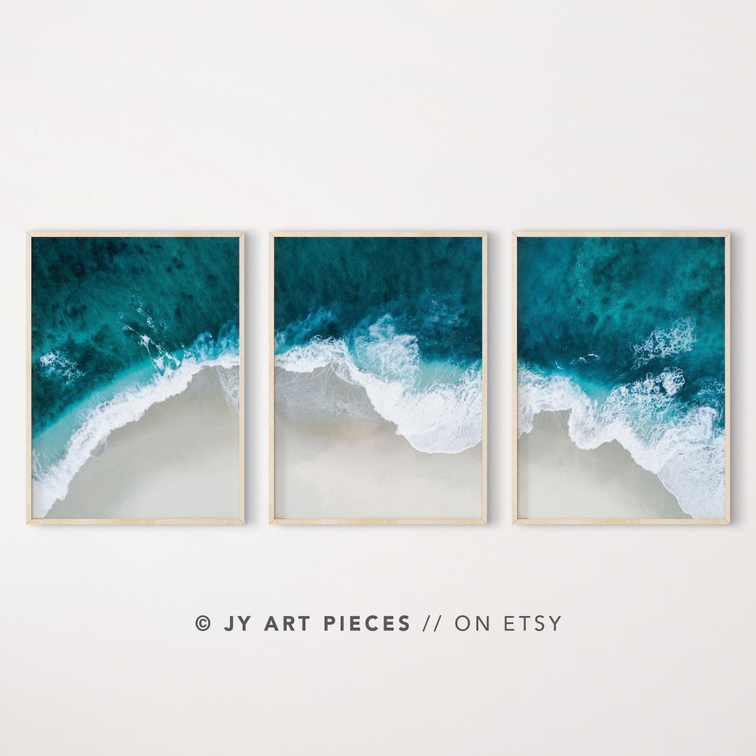 Blue Ocean Aerial Wall Art Set of 3, Coastal Wave Prints, Seaside ...