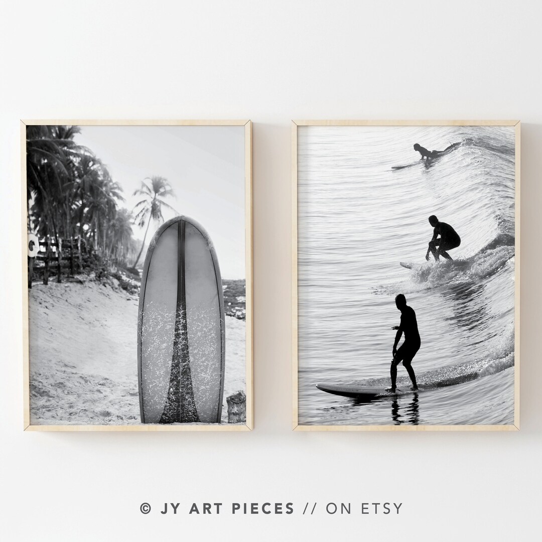 Black and White Beach Wall Art Set of 2, Surfboard & Palm Tree Prints ...